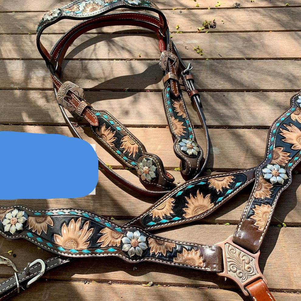 Sunflower tooled turquoise tack set – The Gritty Spur